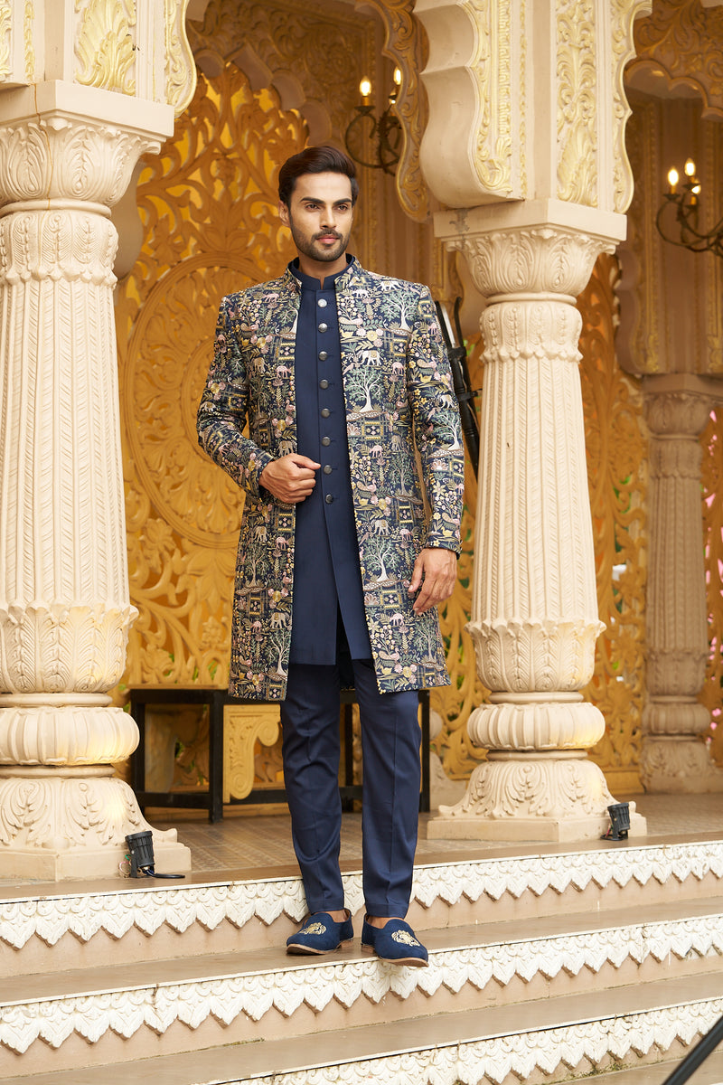 Navy blue open jacket embroidered indo western – raaya.in