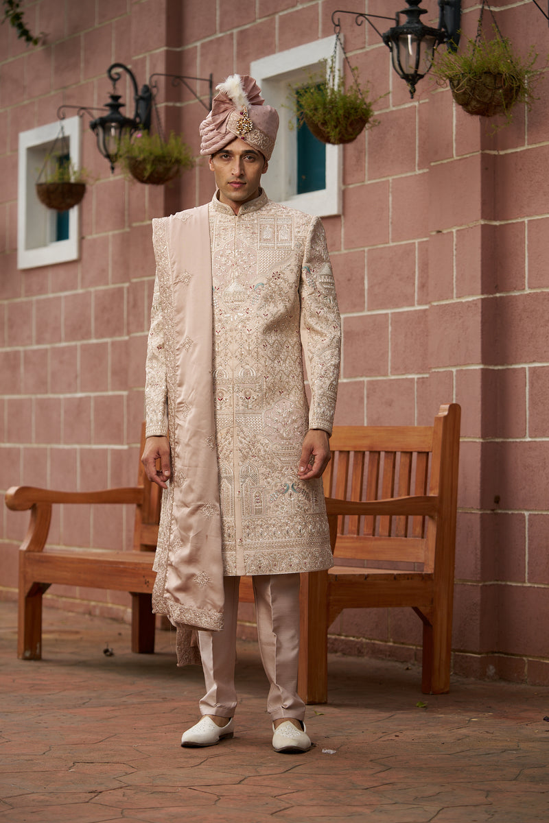 Light peach colour sherwani embroidered with peocock motifs – raaya.in