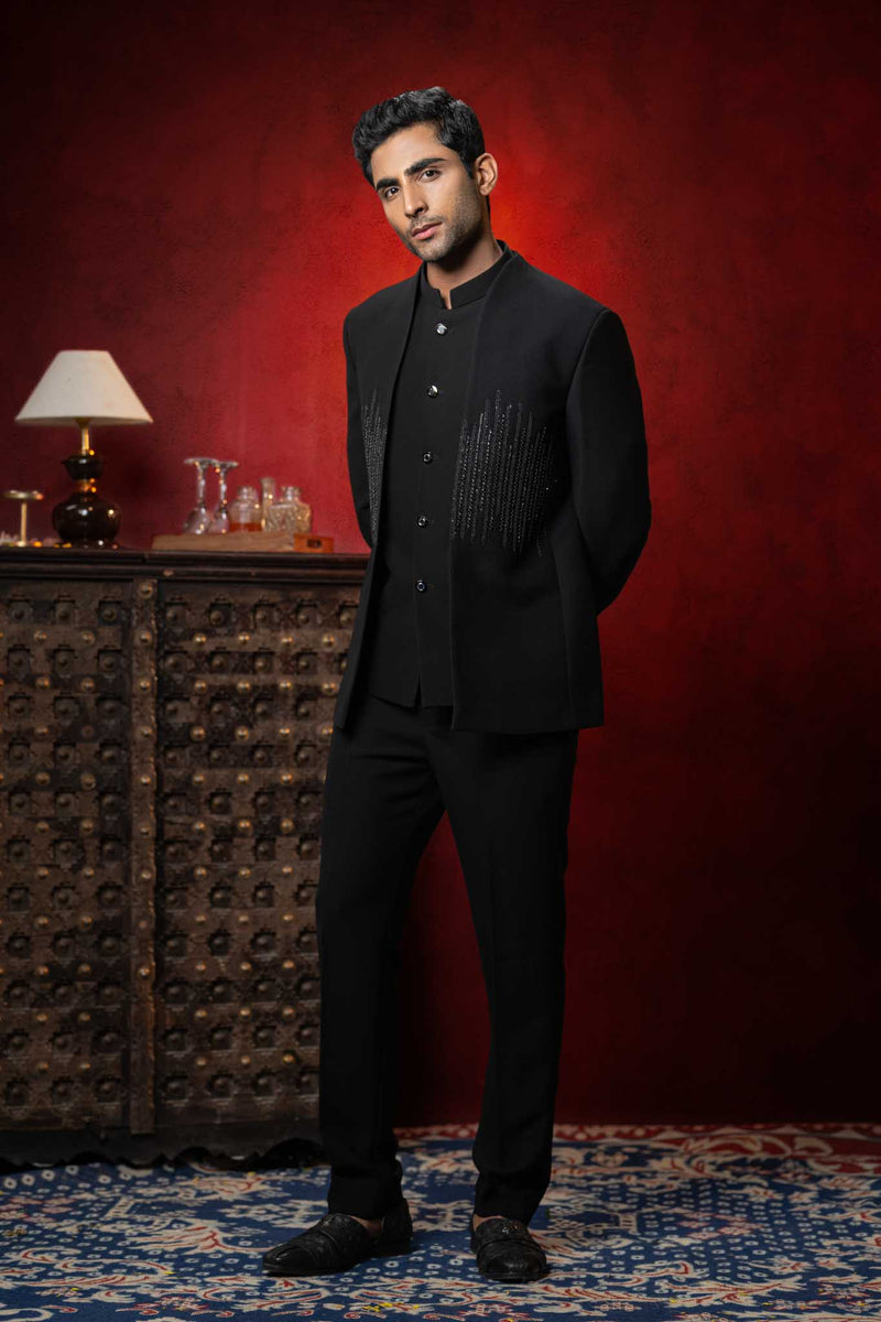 Black embroidery worked elegant open jacket Jodhpuri Set. – raaya.in
