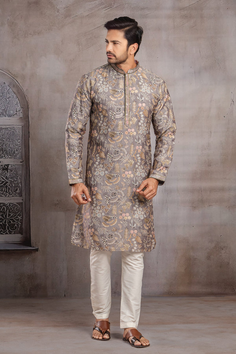Grey color digital print kurta set with zari embroidery. – raaya.in