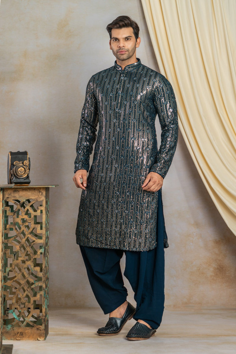 Rama color kurta with embroidery and sequence work – raaya.in